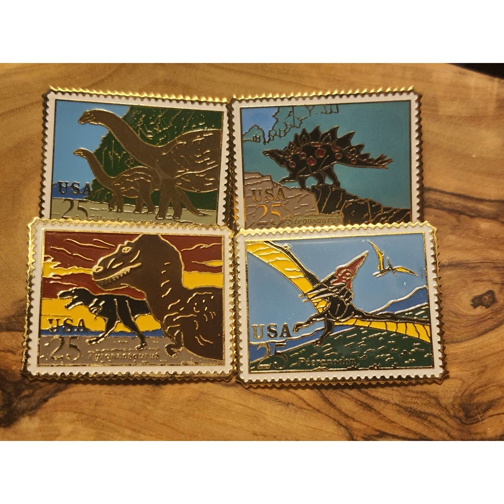 Vintage 1989 Usps Postage Stamp Dinosaur Pins - 4 Pack - Gem